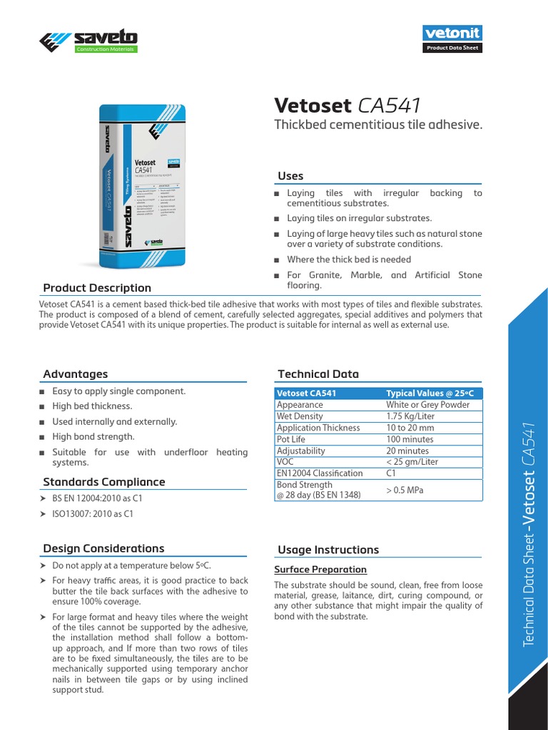 Vetoset CA541: Thickbed Cementitious Tile Adhesive | PDF | Adhesive | Tile