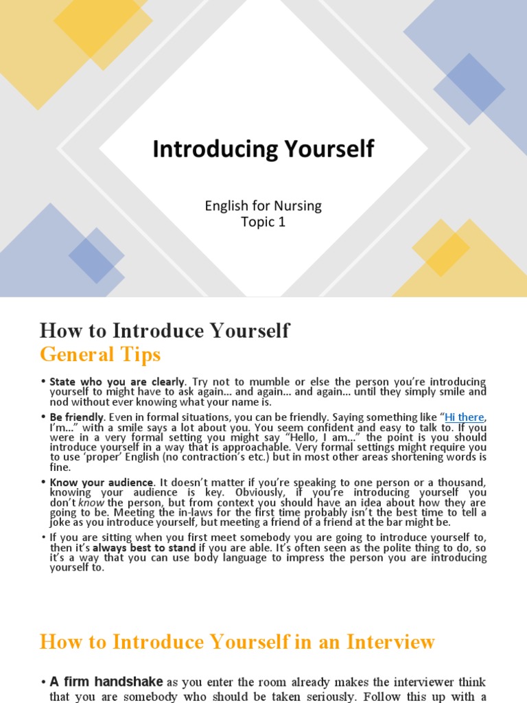 Introducing Yourself: English For Nursing Topic 1 | PDF | Language Arts ...
