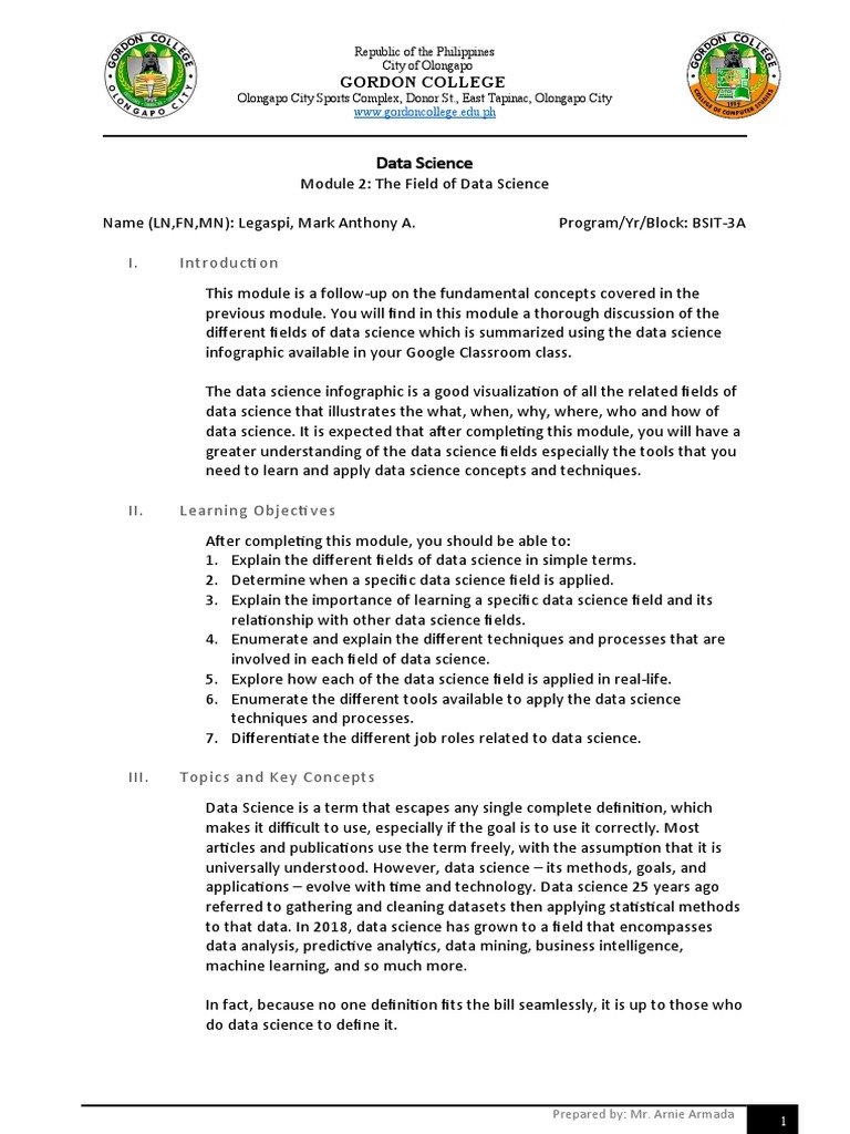 Mark Anthony Legaspi - Module 2 - The Field of Data Science | PDF ...