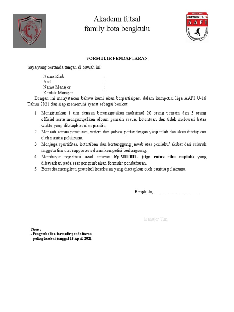 Formulir Pendaftaran Family Futsal | PDF