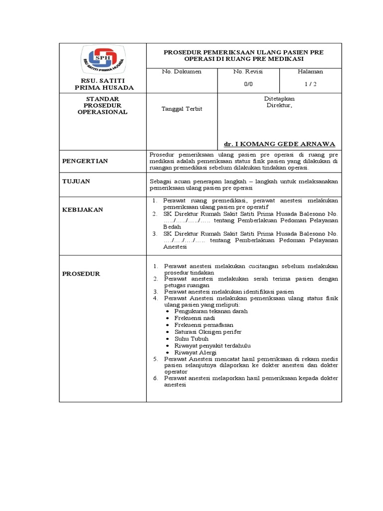 Pemeriksaan Ulang Pasien Pre Operasi (SOP) | PDF