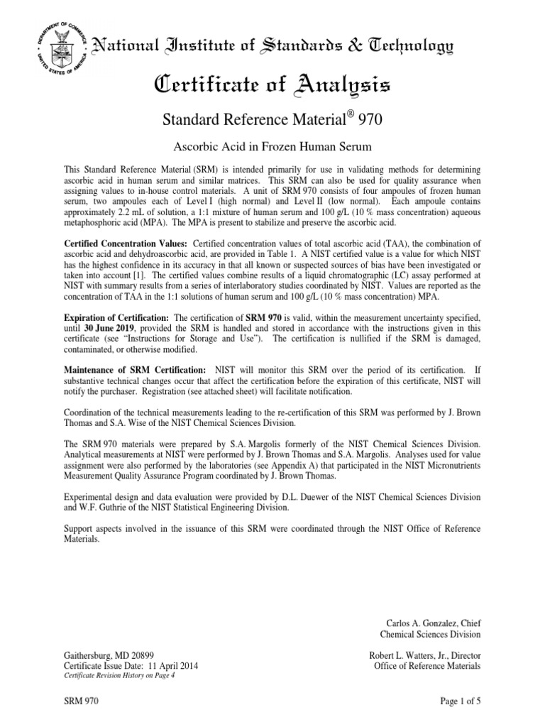 Certificate of Analysis: National Institute of Standards & Technology ...