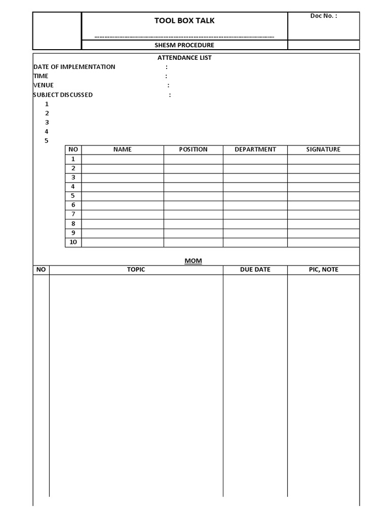 Toolbox Talk Attendance List Procedure | PDF