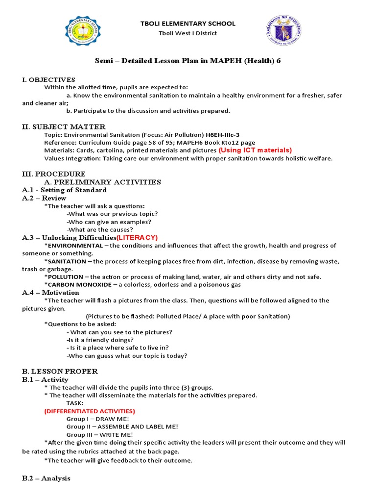 Semi - Detailed Lesson Plan in MAPEH (Health) 6: Tboli Elementary ...