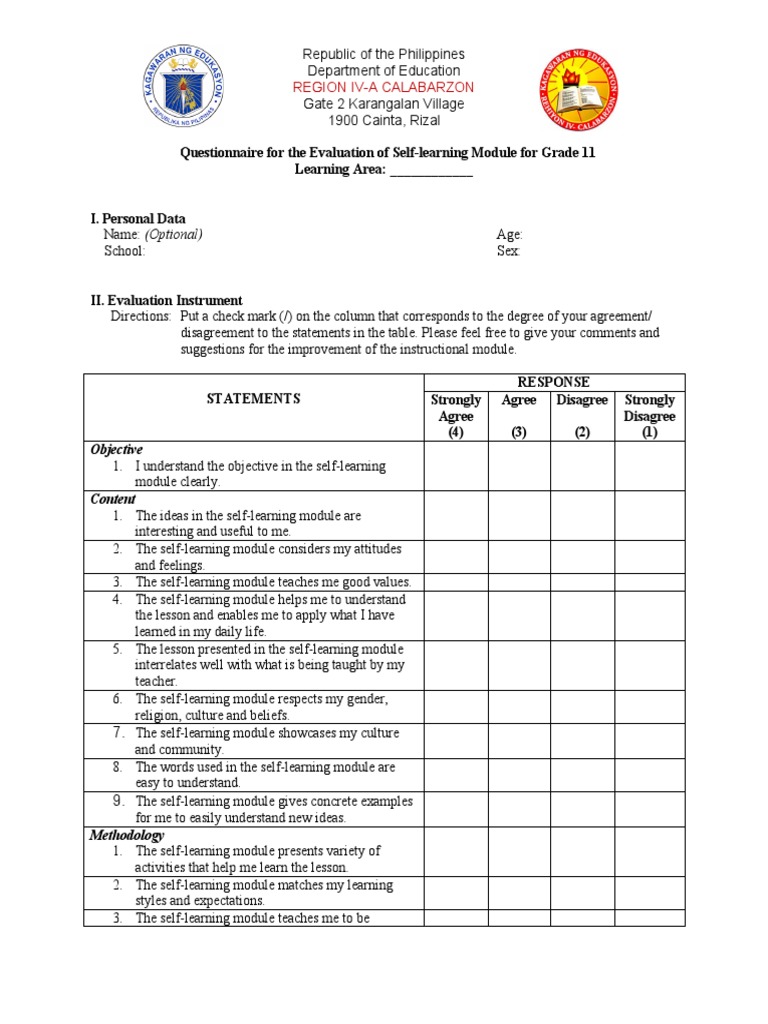 Questionnaire For The Evaluation of Self-Learning Module For Grade 11 ...
