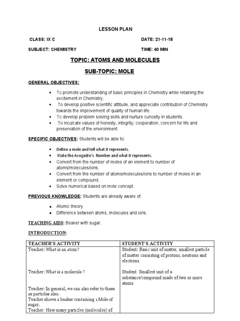 Topic: Atoms and Molecules Sub-Topic: Mole: Lesson Plan | PDF | Mole ...