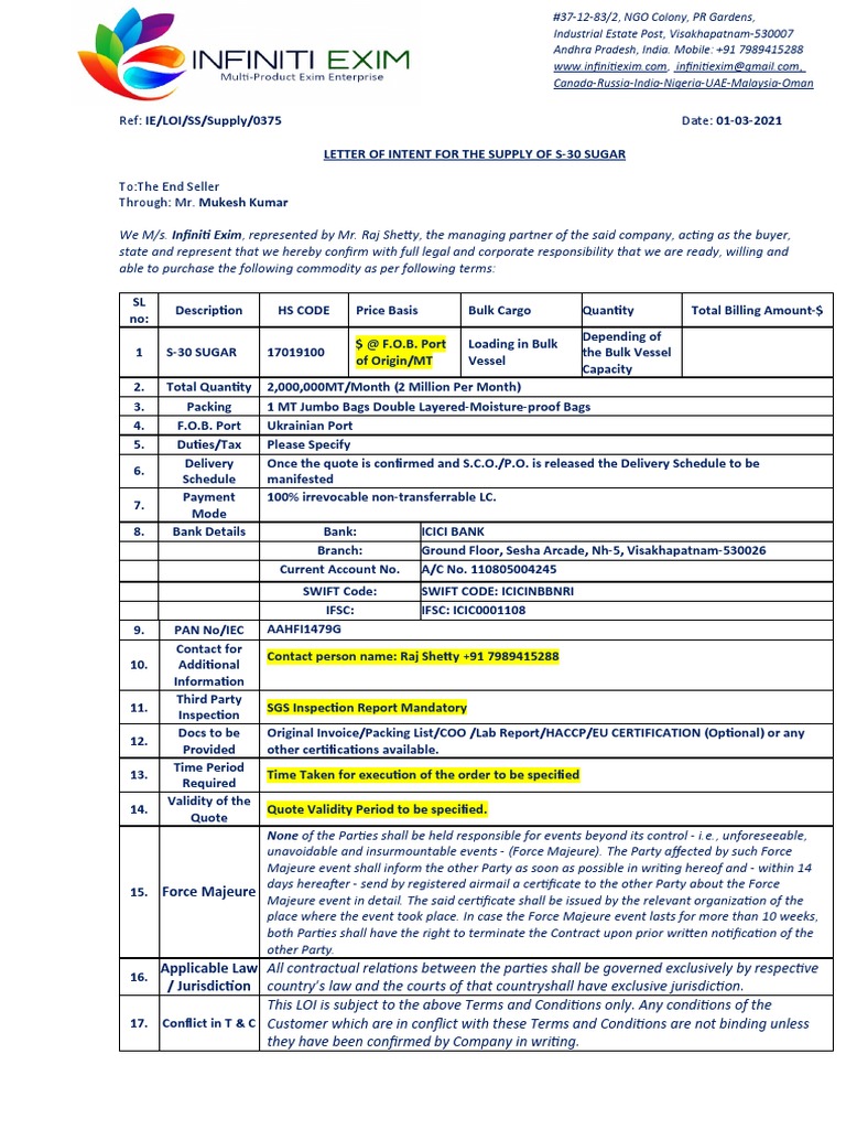01-03-2021 Loi For The Supply of S-30 Sugar | PDF | Sales | Contractual ...