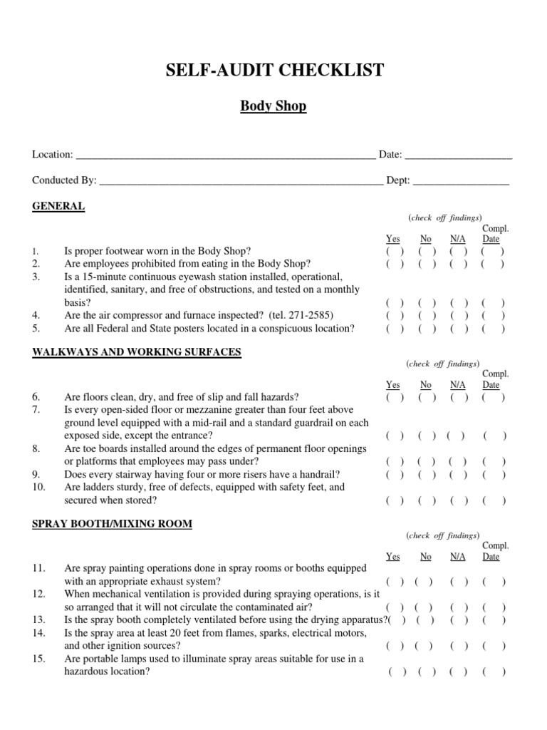 Self-Audit Checklist: Body Shop | PDF | Personal Protective Equipment ...