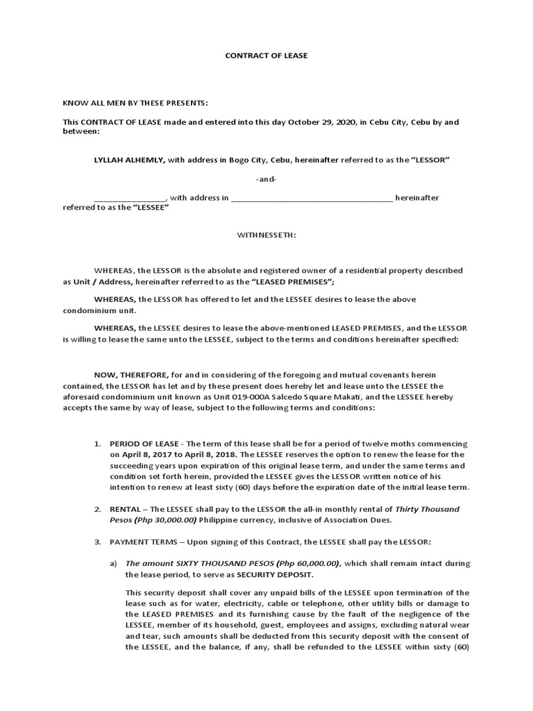 Sample Contract of Lease | PDF | Lease | Law And Economics