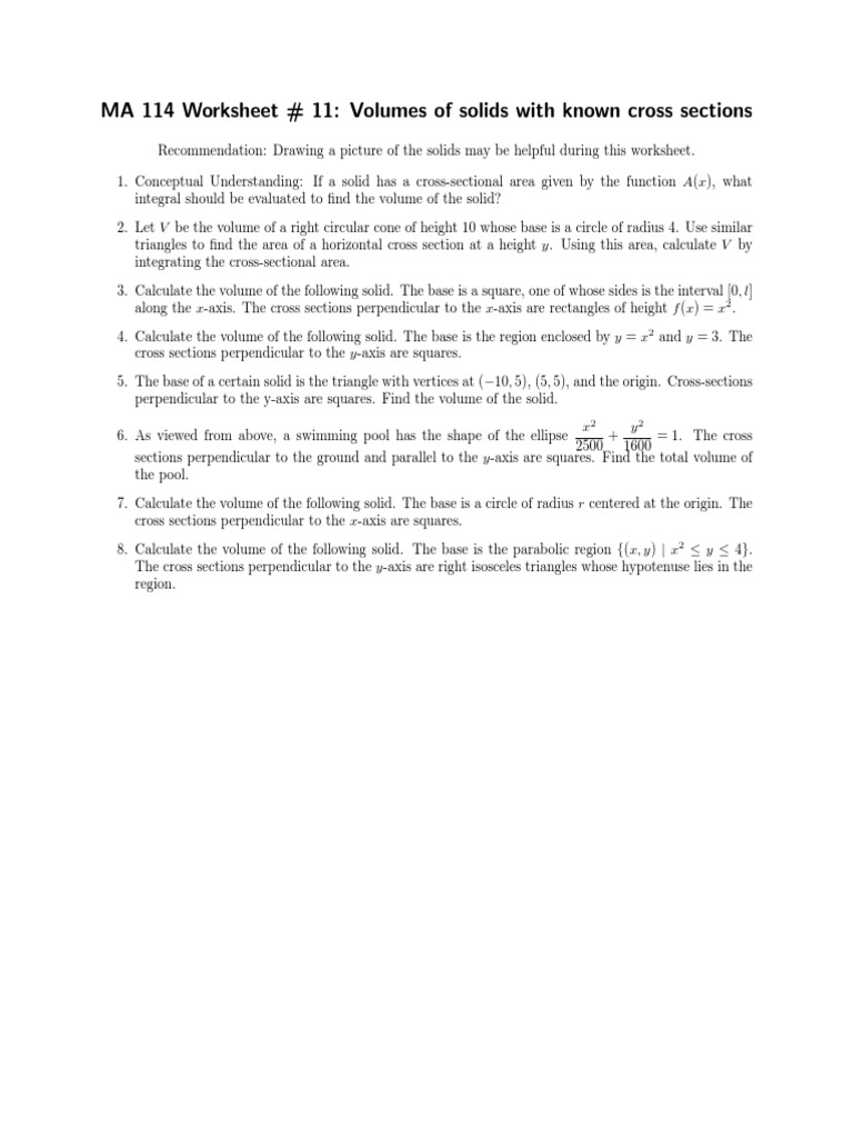 MA 114 Worksheet # 11: Volumes of Solids With Known Cross Sections | PDF