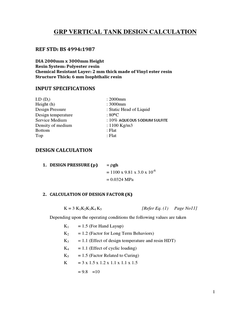GRP Vertical Tank Design Calculation: REF STD: BS 4994:1987 | PDF ...