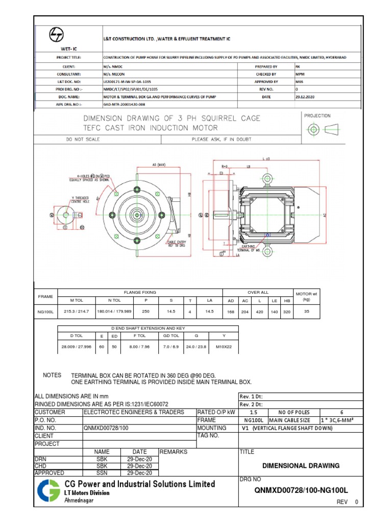 Dimensional Drawing and Performance Curves for a 1.5 kW, 6-Pole, NG100L ...