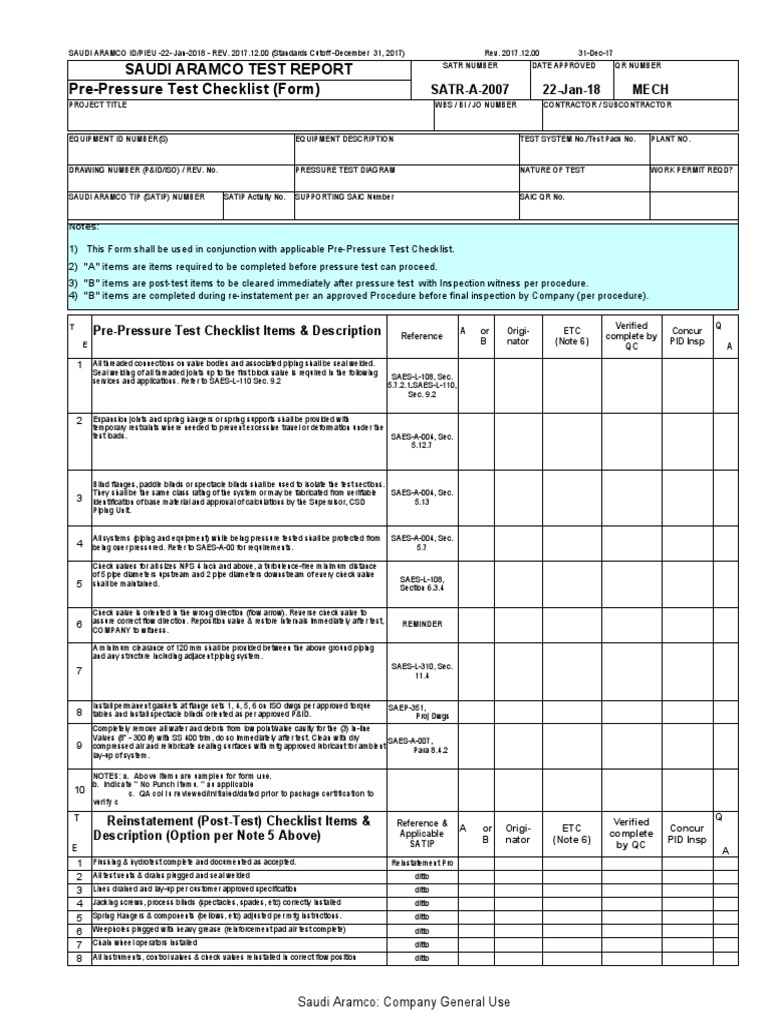 Saudi Aramco Test Report Pre-Pressure Test Checklist (Form) : SATR-A ...