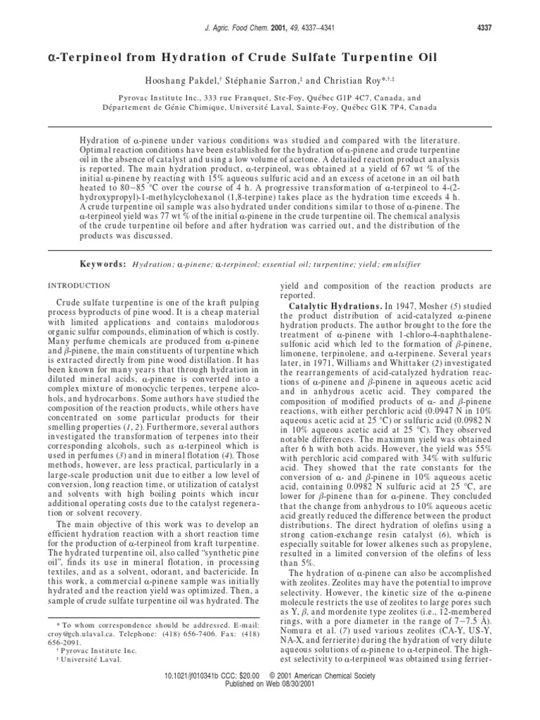Alpha Ternipeol From Hydration of Crude Sulfate Turpentine Oil | PDF ...
