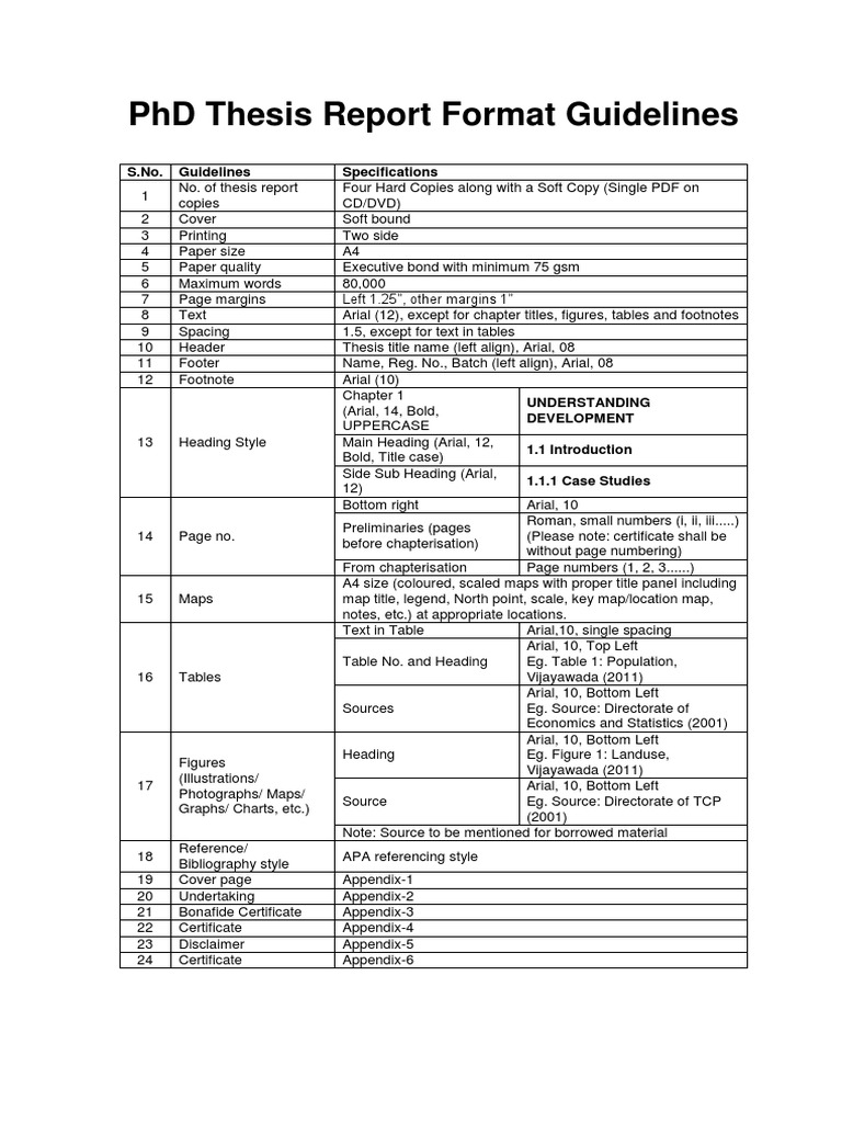 PHD Thesis Report Format Guidelines: S.No. Guidelines Specifications ...