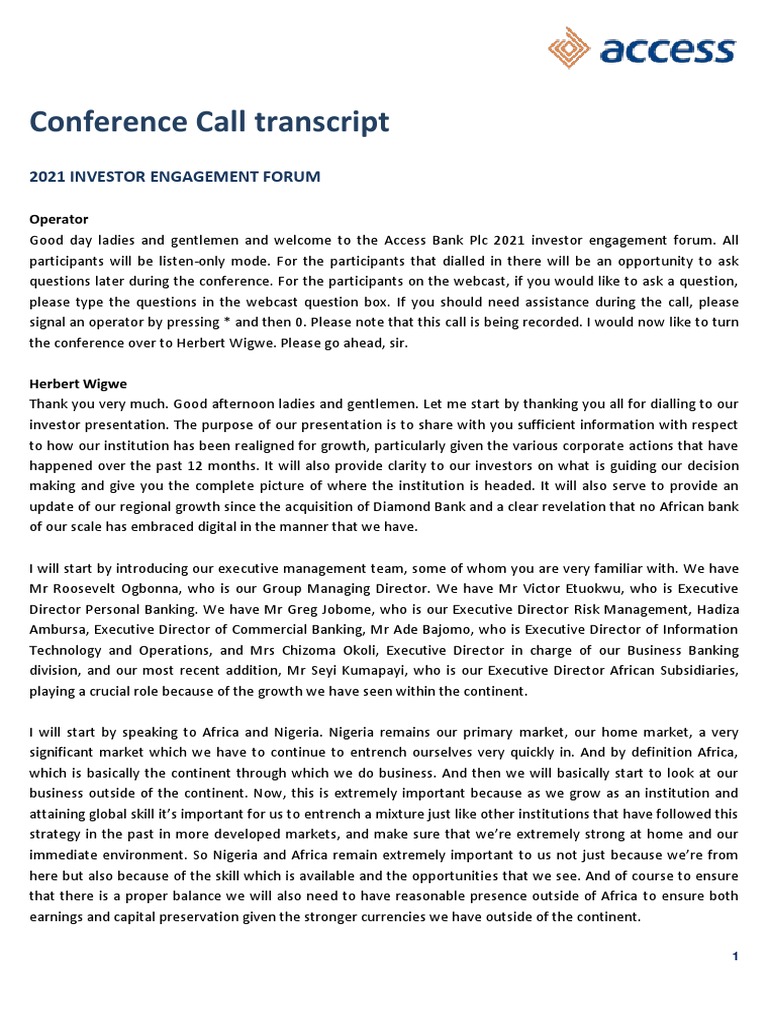 Conference Call Transcript: 2021 Investor Engagement Forum | PDF ...