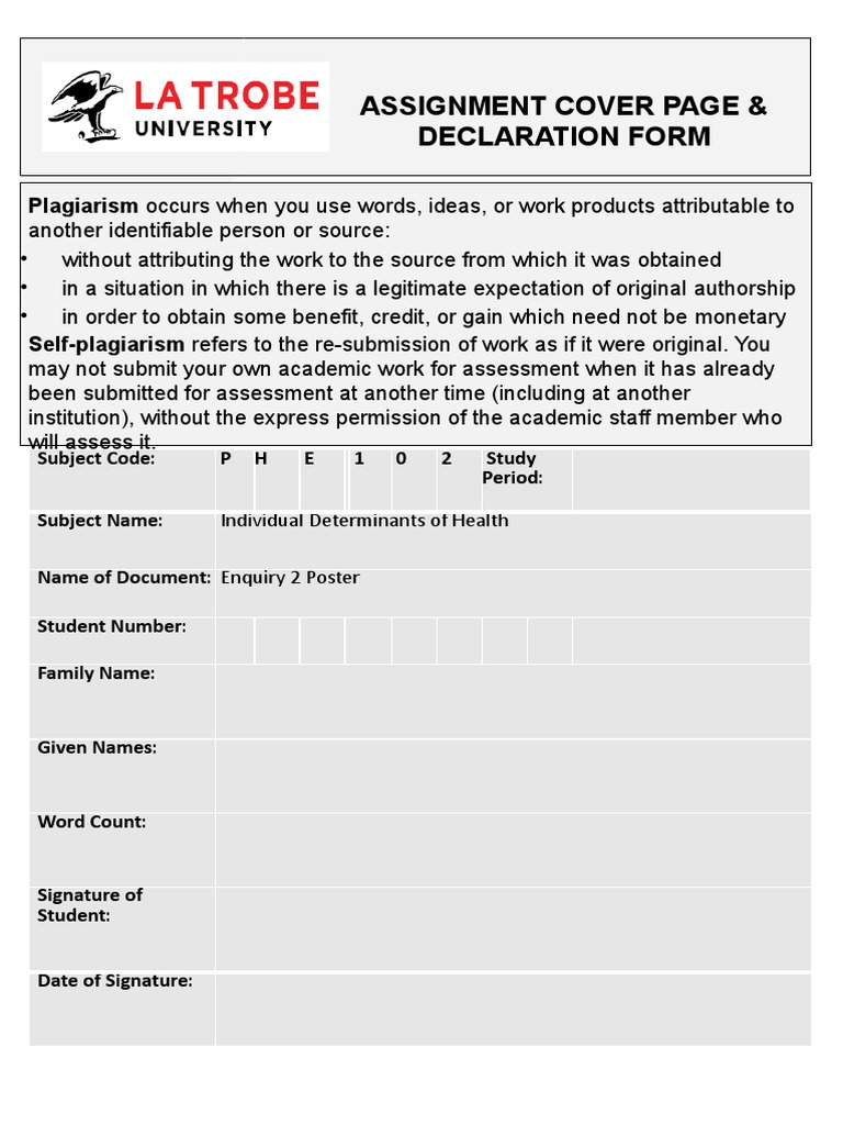 Assignment Cover Page & Declaration Form: Plagiarism Occurs When You ...