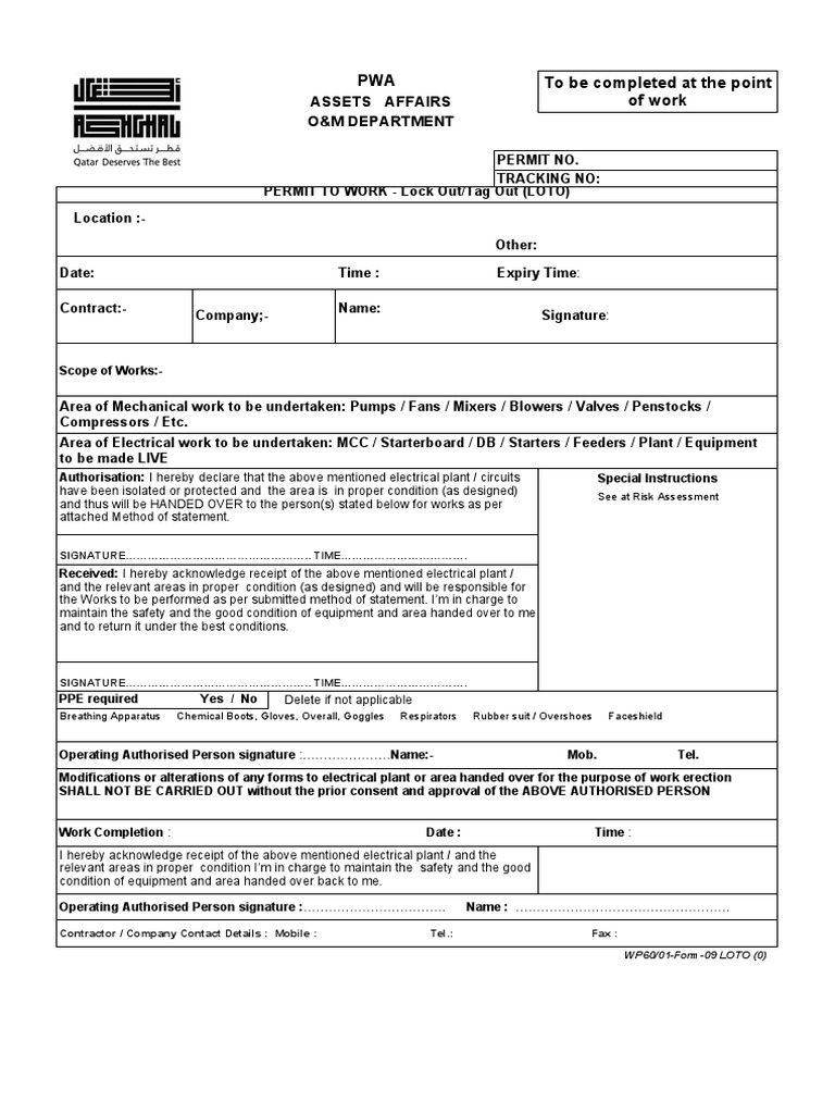 PWA To Be Completed at The Point of Work: Assets Affairs O&M Department ...