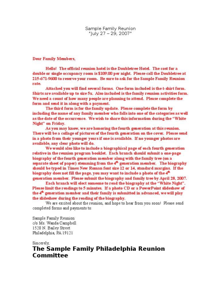Family Reunion Letter
