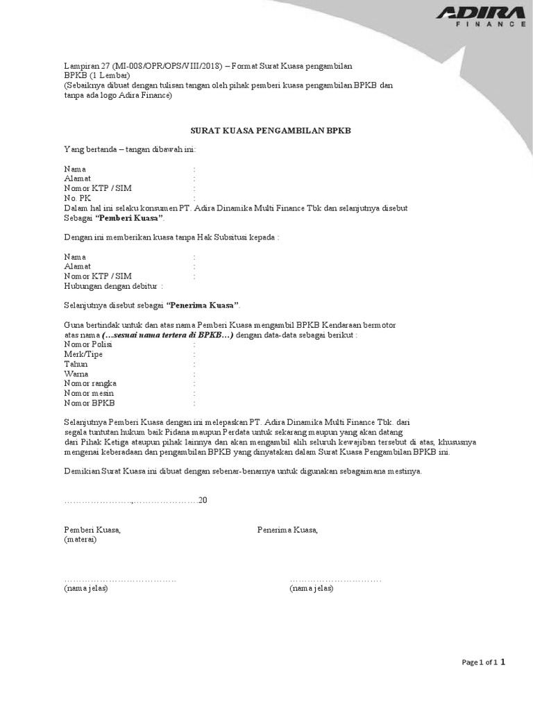 Surat Pengambilan BPKB Adira | PDF