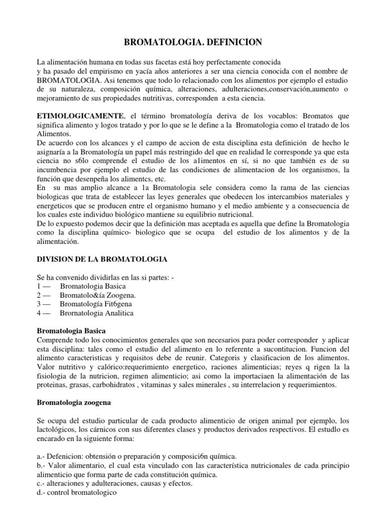 Clase 1 Bromatologia Definicion - Division | PDF | Nutrientes | Alimentos