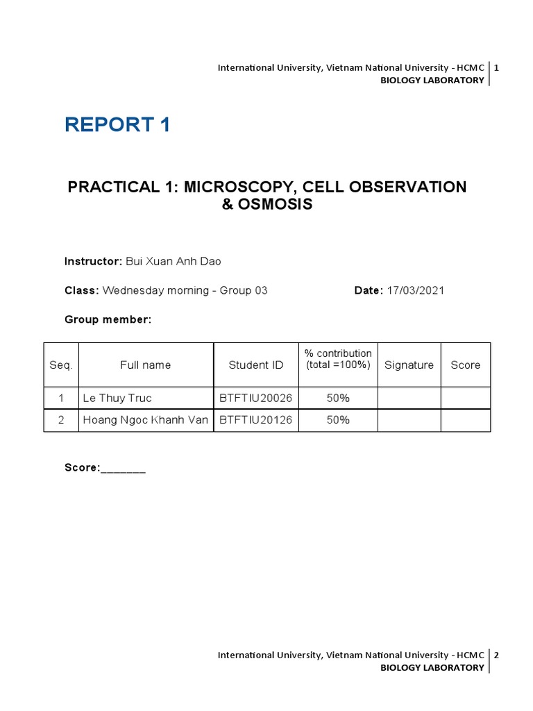 Report 1: Practical 1: Microscopy, Cell Observation & Osmosis | PDF ...