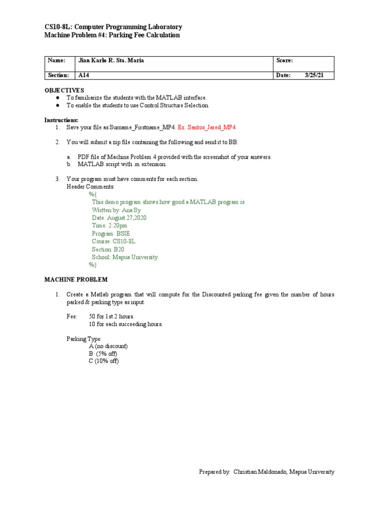 CS10-8L: Computer Programming Laboratory Machine Problem #4: Parking Fee Calculation | PDF ...