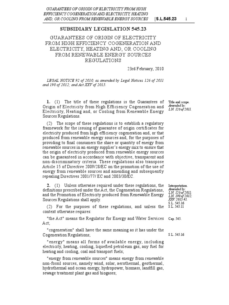 Subsidiary Legislation 545.23guarantees of Origin of Electricity From ...