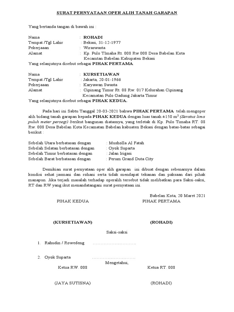 Surat Oper Alih Tanah Garapan | PDF