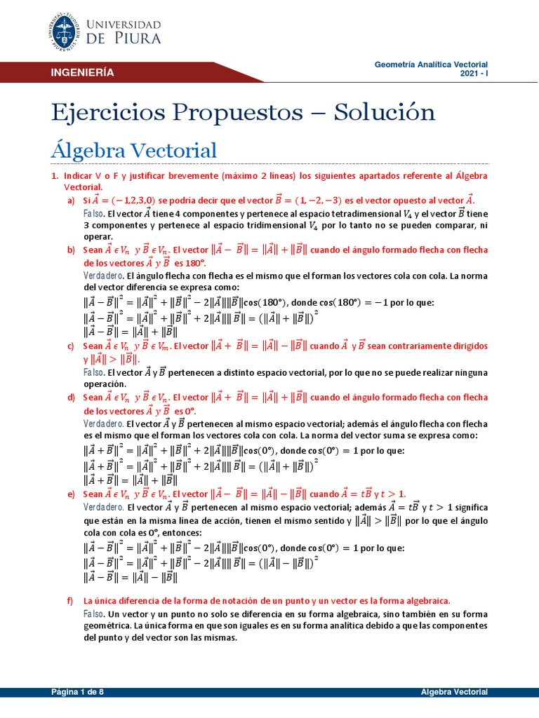 Álgebra Vectorial - Ejercicios Resueltos | PDF | Espacio vectorial | Norma (Matemáticas)