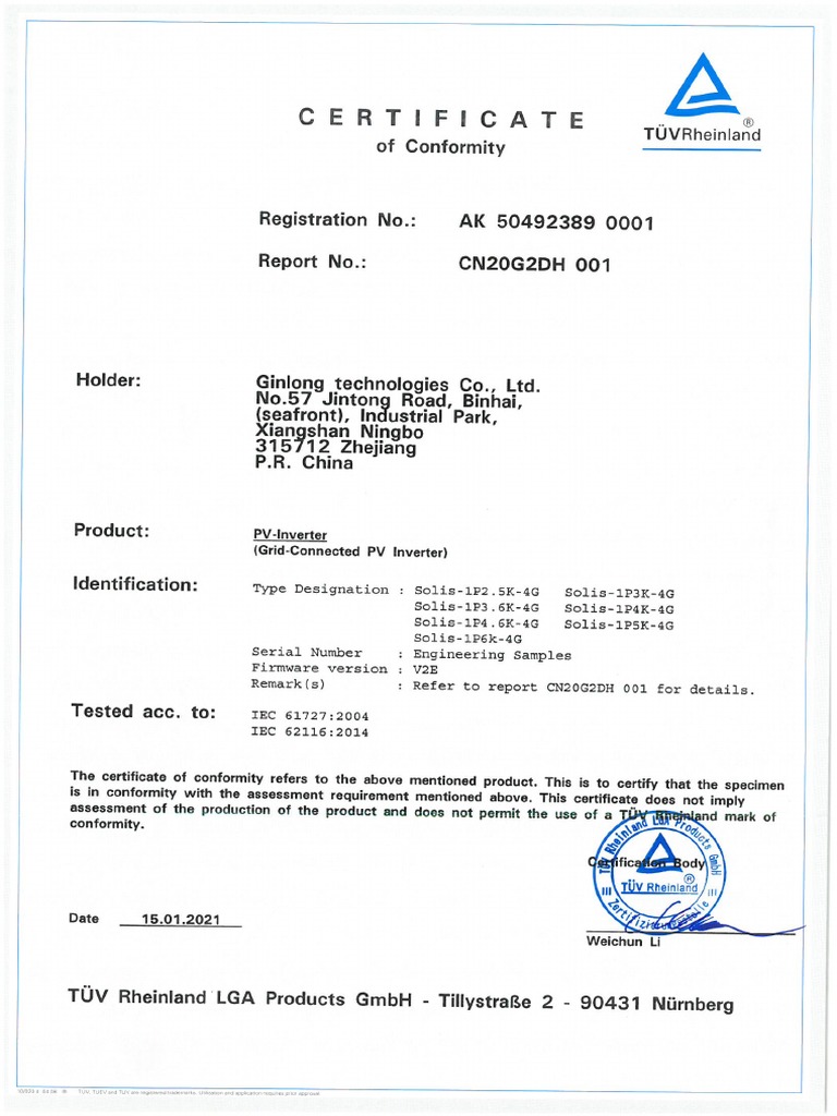 Solis Certificate IEC61727 IEC62116 1P (2,5-6) K-4G V01 | PDF