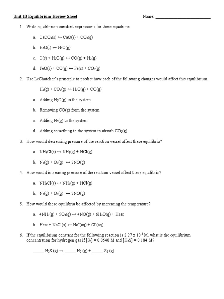 Review Sheet Unit 10 Equilibrium-1 | PDF | Science & Mathematics ...