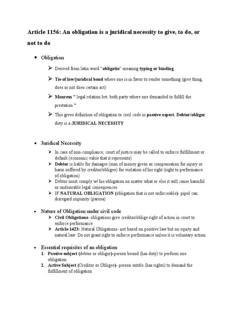 Article 1156: An Obligation Is A Juridical Necessity To Give, To Do, or ...