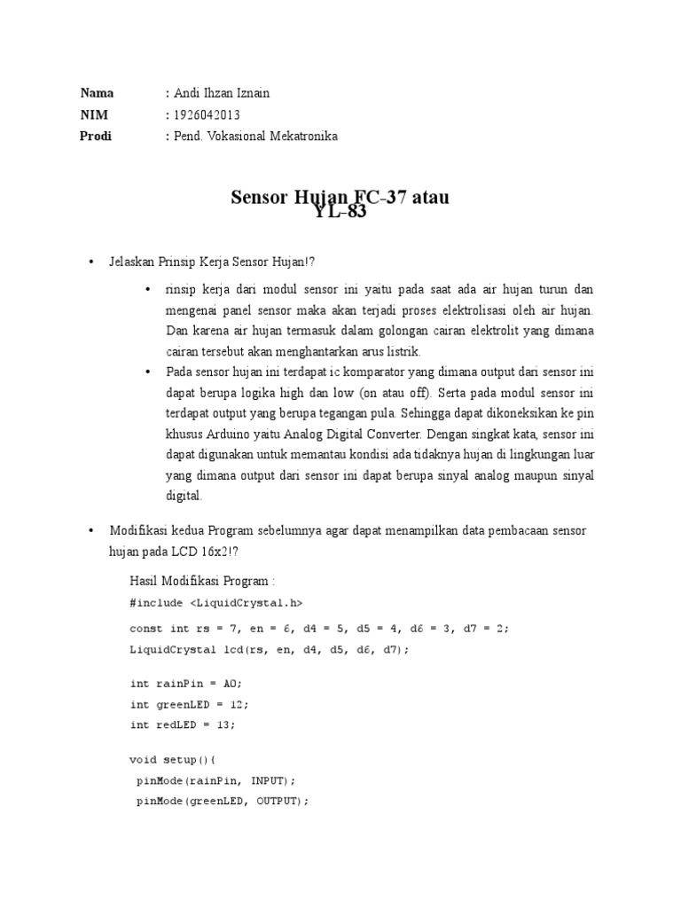 Sensor Hujan FC-37 Atau YL-83: Nama: Andi Ihzan Iznain NIM: 1926042013 ...