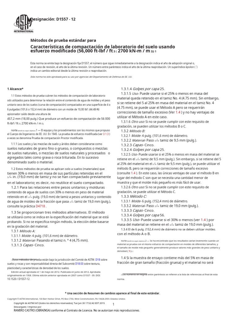 ASTM D1557-12 (Proctor Modificado) (002) .En - Es | PDF | Densidad ...