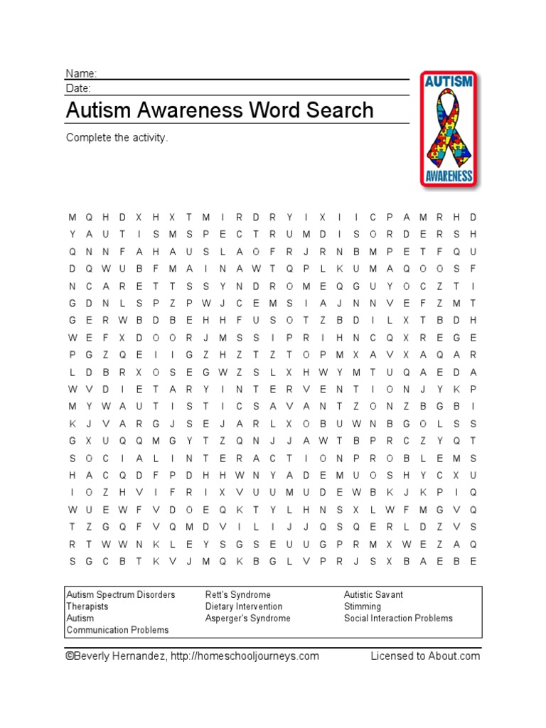 Autism Awareness Word Search | PDF | Mental And Behavioural Disorders ...