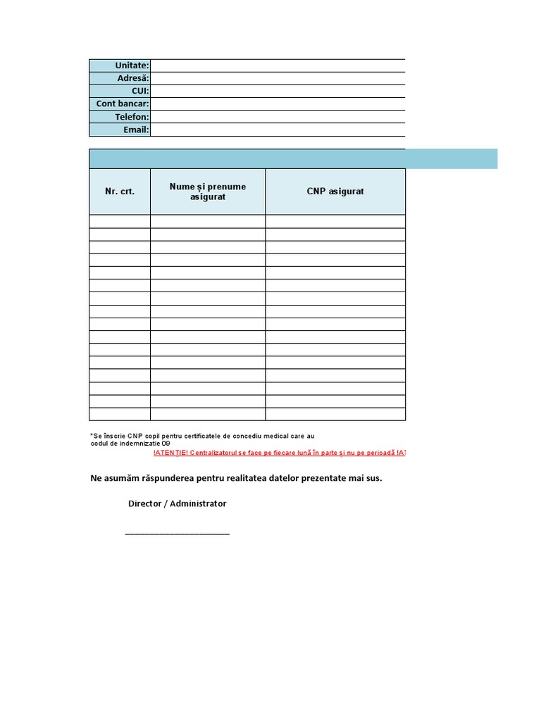 Cerere de Recuperare CM - Persoane Juridice - Model de Centralizator | PDF