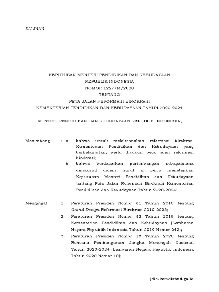 Salinan Kepmen 1227 M Tahun 2020 Peta Jalan RB 2020-2024 - JDIH | PDF ...