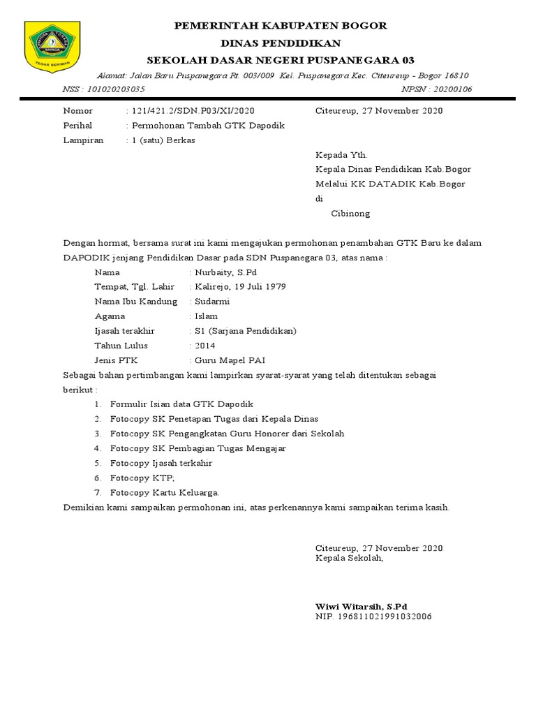 Surat Permohonan Tambah GTK | PDF