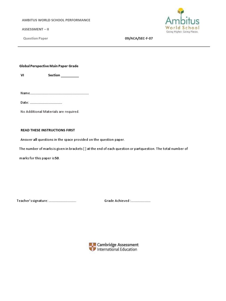 Question Paper: Global Perspective Main Paper Grade VI Section | PDF ...