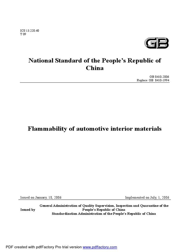 GB 8410-2006: Automotive Material Flammability | PDF | Alloy | Pipe ...