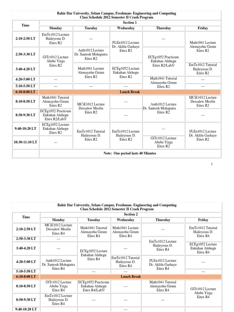 Class Schedule for Freshman Engineering and Computing Students at Bahir ...
