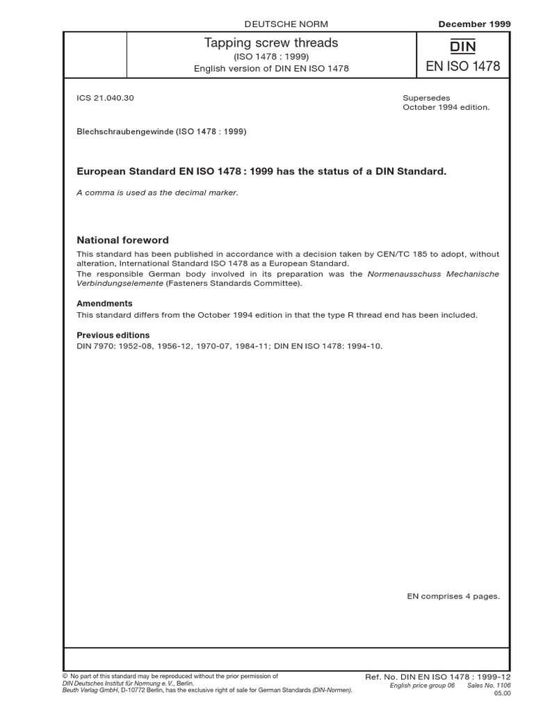 Tapping Screw Threads: EN ISO 1478 ( | PDF | Standards Organization ...