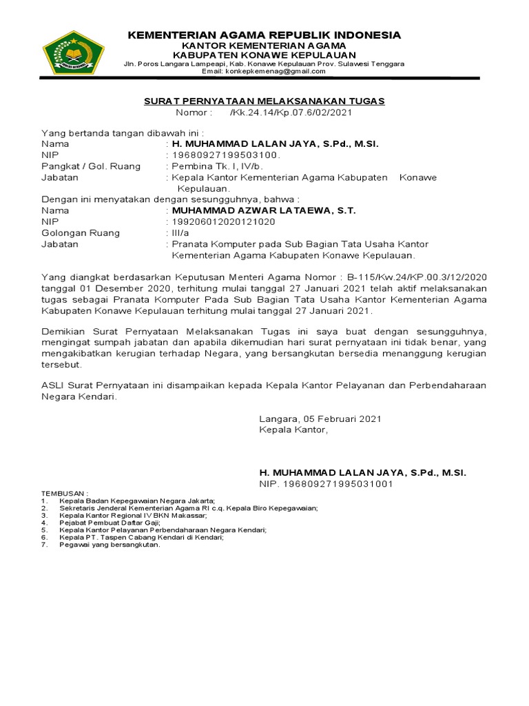 Surat Pernyataan Melaksanakan Tugas PNS | PDF | Agama & Spiritualitas