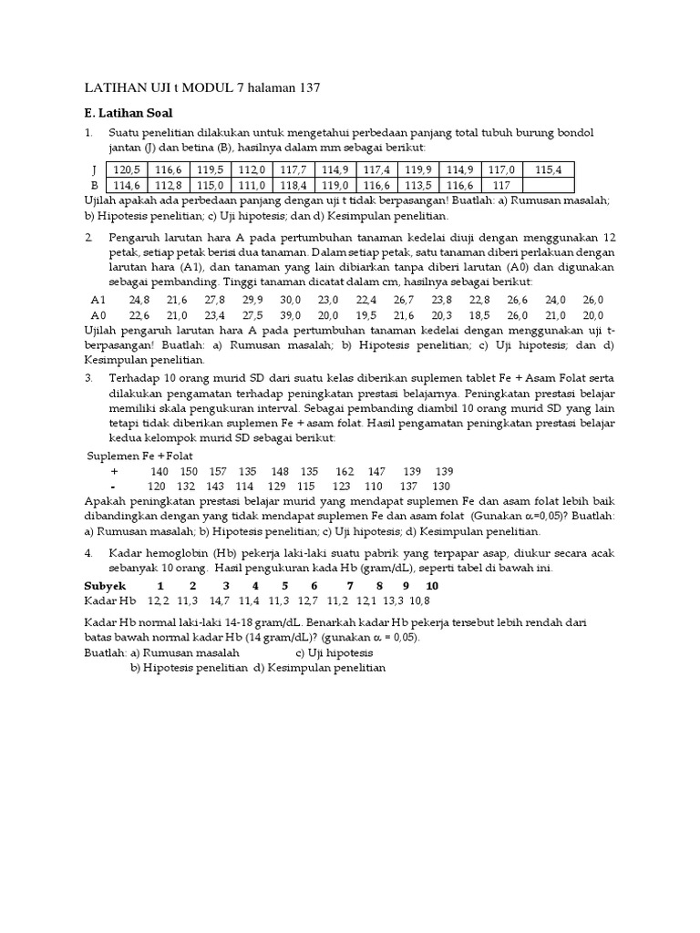 LATIHAN UJI T MODUL 7 Halaman 137 | PDF