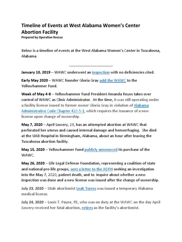 Timeline of Events at West Alabama Women's Center - As of 3-31-2021 ...