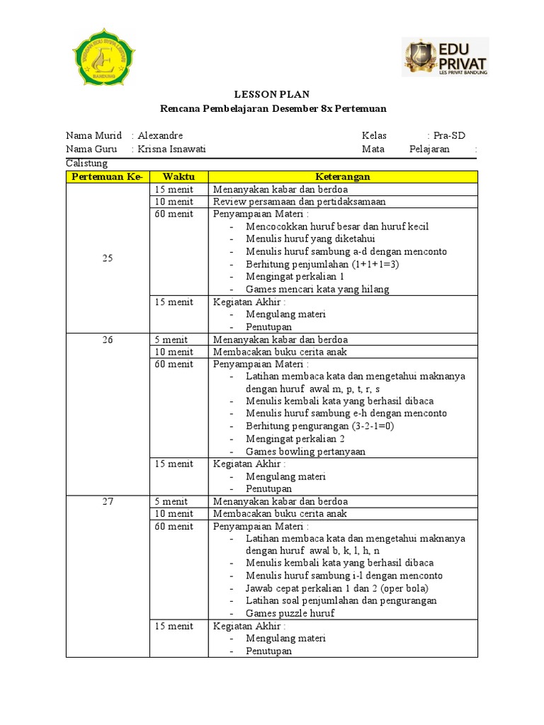 Contoh Lesson Plan Calistung | PDF