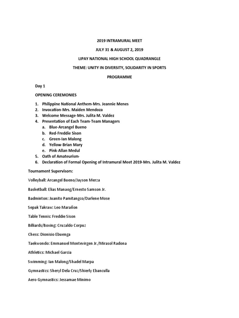 2019 INTRAMURAL MEET - Docx fiNAL | PDF | Summer Olympic Games | Games ...