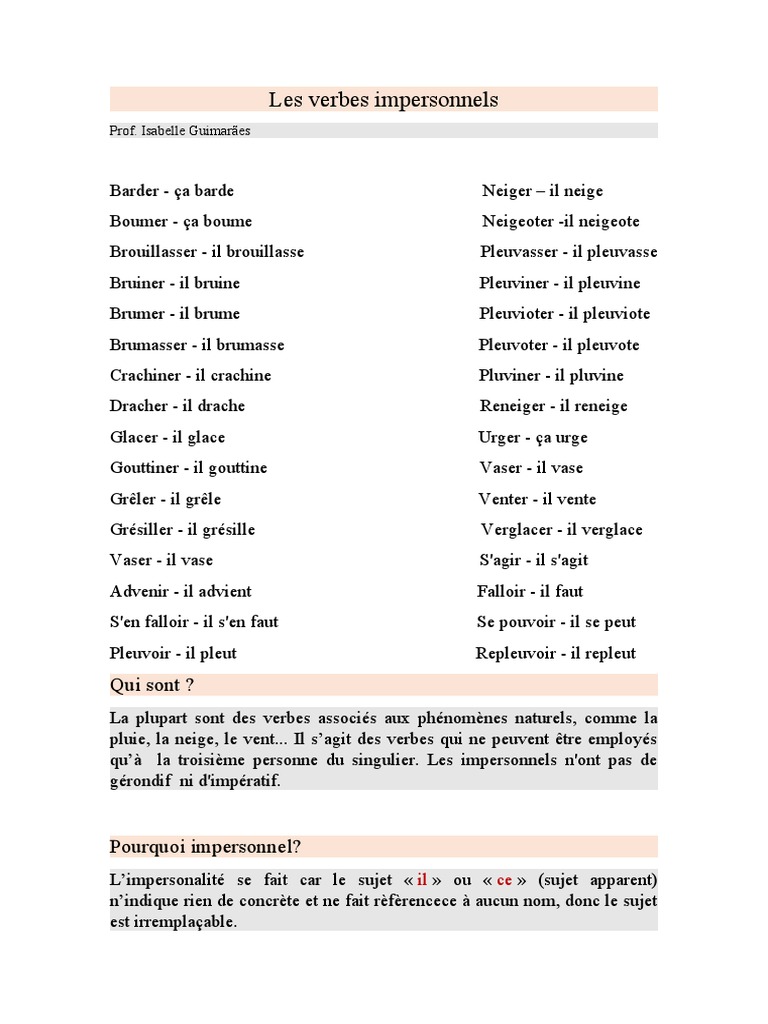 Liste des verbes impersonnels en français | PDF