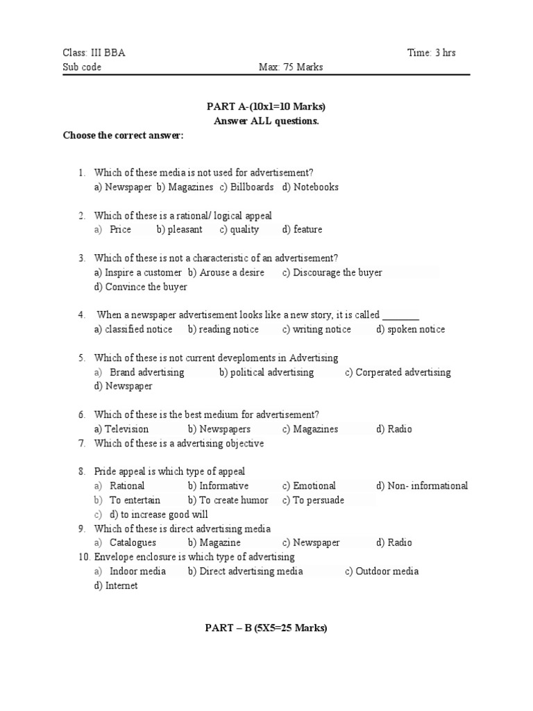 PART A - (10x1 10 Marks) Answer ALL Questions. Choose The Correct Answer | PDF | Newspapers ...